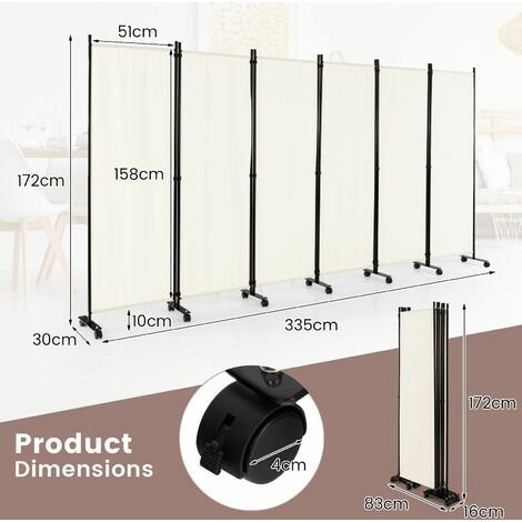 6 Panel Room Divider on Wheels Rolling Privacy Screens Portable ...