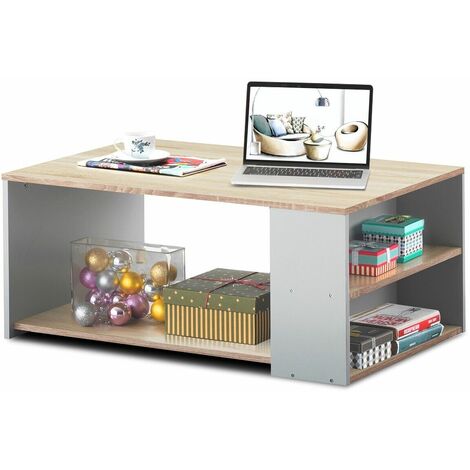 2-Tier Coffee Table Rectangular Wooden Tea Cocktail Table w/Storage Shelves