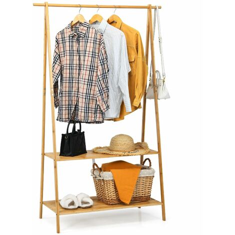 Bamboo Garment Rack Freestanding Clothes Rail Stand 2 Storage Shelves ...