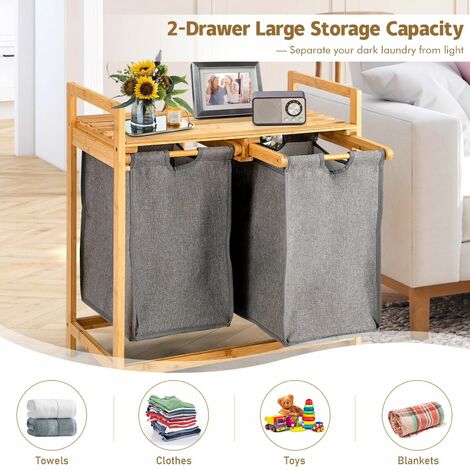 Bamboo Laundry Hamper Stand 2 Section Laundry Organizer W Removable Sliding Bag