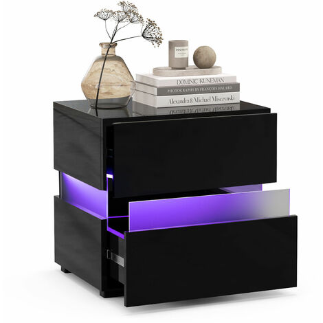 LED Bedside Table with Drawers Remote Control Nightstand w/22 Dynamic Modes