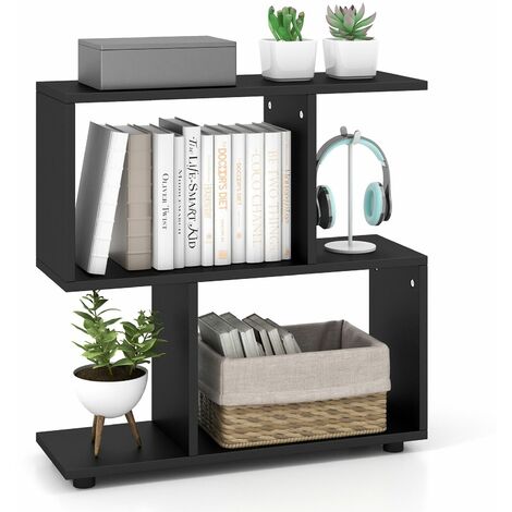 2-tier Bookcase Irregular Storage Shelf Wood Shelving Units w/ 4 ...