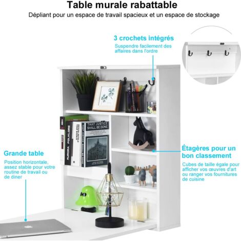 COSTWAY Bureau Mural Rabattable 3 en 1 avec Bureau Etagere et Tableau ...