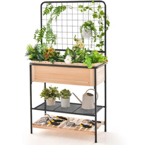 Raised Garden Bed Elevated Wood Planter Box with 2-tier Storage Shelves