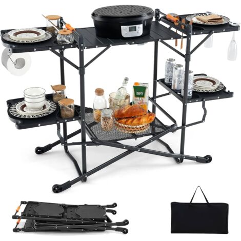 Folding Outdoor Cooking Station w/ 4 Side Tables & Storage Rack