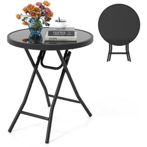 Folding Glass Table Portable Patio Coffee Table w/Footpads-Black