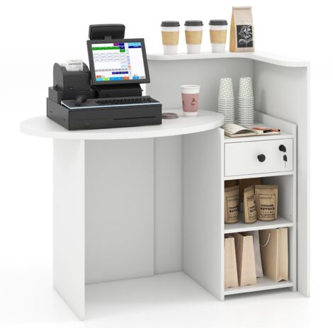 COSTWAY Reception Desk Front Counter Desk w/ Lockable Drawer & Shelf-White