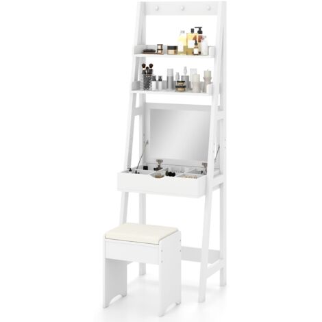COSTWAY Vanity Desk Set Ladder Makeup Dressing Table w/Flip Top Mirror ...