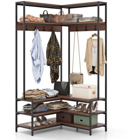 COSTWAY Corner Garment Rack L-shaped Clothes Rack w/ Open Shelves-Walnut