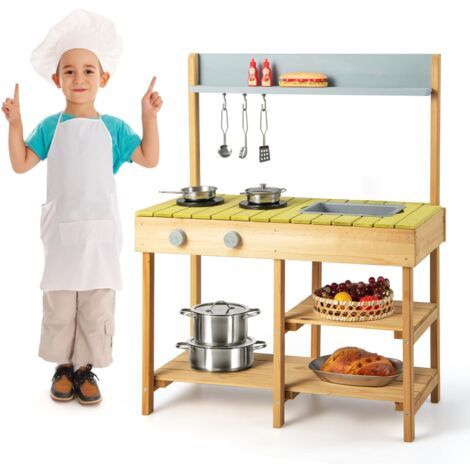 COSTWAY Outdoor Mud Kitchen Set Outdoor Play Kitchen Set w/Shelves-Natural