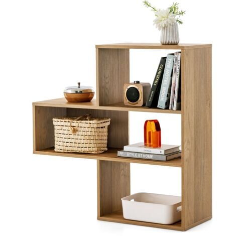 COSTWAY 3-tier Bookshelf Irregular Convex Open Back Bookcase w/3 Cubes ...