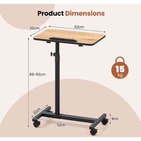COSTWAY Overbed Table Tilting Bedside Table w/ Lockable Wheels-Brown