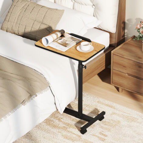 COSTWAY Overbed Table Tilting Bedside Table w/ Lockable Wheels-Brown