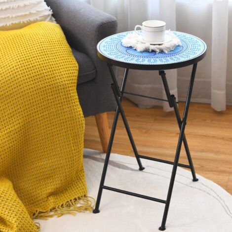 Folding Mosaic Side Table 36cm Indoor/Outdoor Round End Table Blue