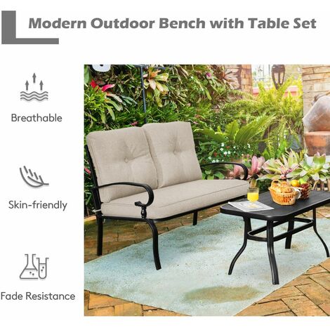 2PCS Outdoor Conversation Set Patio Loveseat Bench &Coffee Table Soft ...
