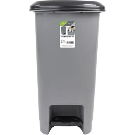 JVL Slim Plastic Lidded Foot Pedal Waste Bin, 40L, Grey