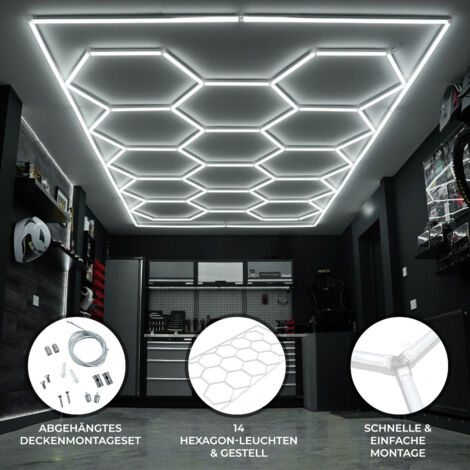 Hexagon LED Lampe 14 Leuchten & Gestell Garage Werkstatt Wand & Decken ...