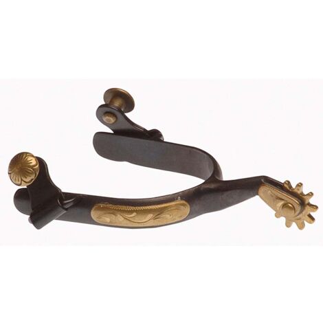 Speroni western in ferro nero con placca in ottone lavorata