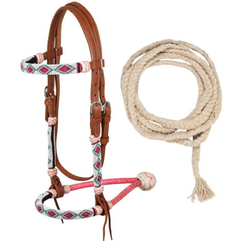 Bosal set in cuoio e rawhide rosa con mecate in cotone e decorato perline