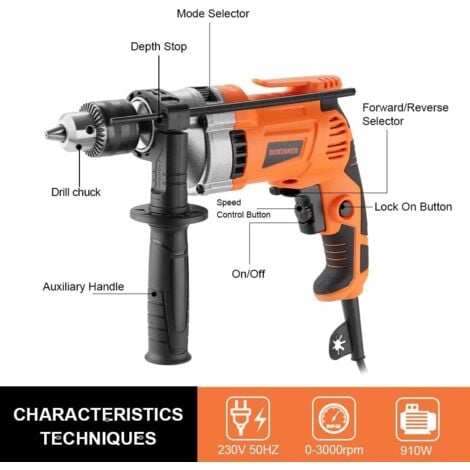 Perceuse à Percussion Filaire 910W 0-3000 tr/min DEWINNER, Ø13 mm ...