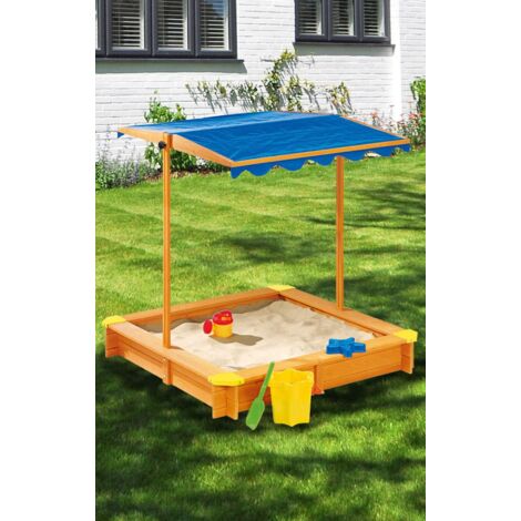 Holz-Sandkasten mit verstellbaren Dach 118cm Buddelkiste Sandkiste Sandbox