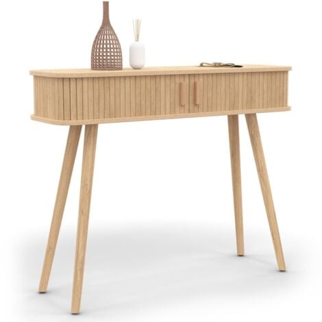 Console 2 portes coulissantes ROMIE lattes tasseau bois coloris chêne
