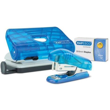 Rapesco 2 Hole Punch Mini Stapler & 26/6mm Staples Set Transparent Blue