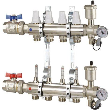 Collettore di distribuzione da 1" con 4 vie in ottone per impianti radianti