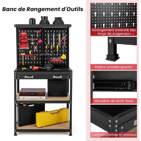 COSTWAY Établi Atelier Garage avec Étagères et Tiroirs 2 Panneaux Perforés, Table de Travail ...