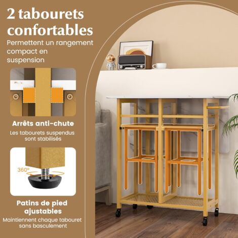 COSTWAY Table Pliante Interieur, Table Extensible avec 2 Tabourets ...