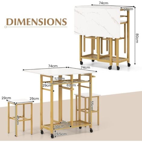 COSTWAY Table Pliante Interieur, Table Extensible avec 2 Tabourets ...