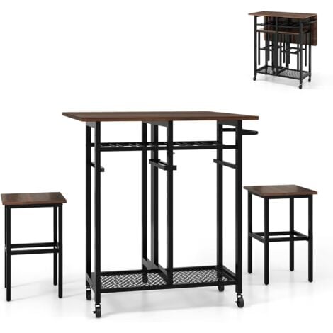 COSTWAY Table Pliante Interieur, Table Extensible avec 2 Tabourets ...