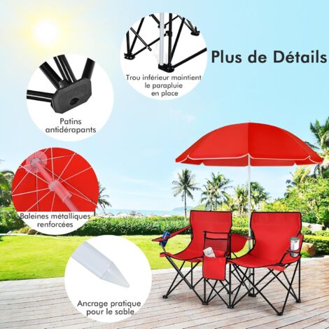 Chaise camping pliable double rouge sac transport charge 120 kg max ...