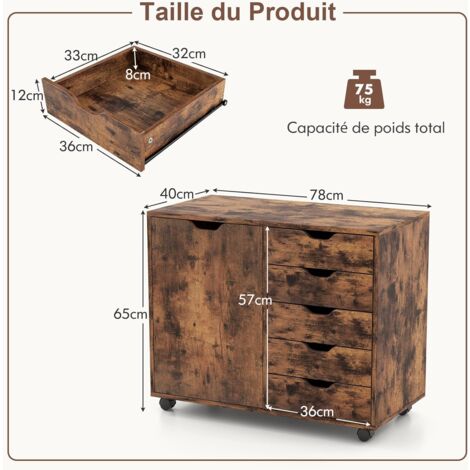 COSTWAY Caisson de Rangement à roulettes 5 Tiroirs, Placard avec ...