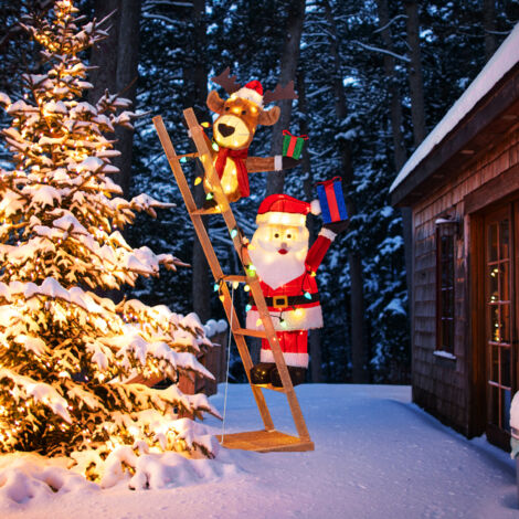 170CM Cerf Lumineux et Père Noël sur Échelle, Décoration de Noël 3D Pré ...