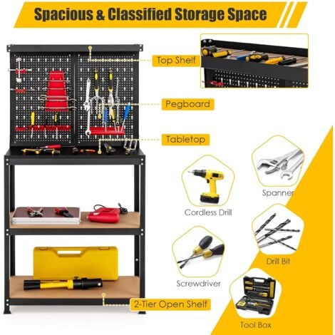 COSTWAY Établi Atelier Garage à 3 Étagères Cadre en Acier avec 2 Panneaux Perforés et 13 ...
