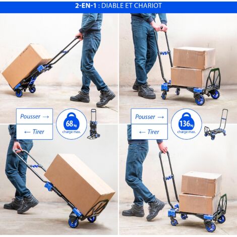 2-en-1, Chariot à roulettes et diable pliant, Chariot pliable max 136kg ...