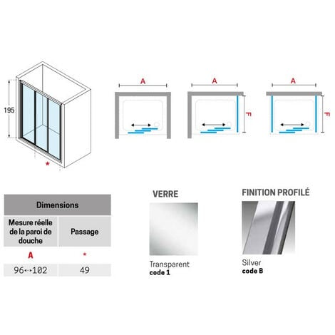 Novellini - Paroi de douche 3 panneaux coulissants 96-102 x H.195 cm verre transparent profilé ...