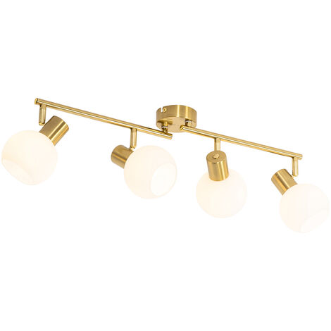 Qazqa – Plafonnier à spot doré 4 lumières orientables – Verre opale ...