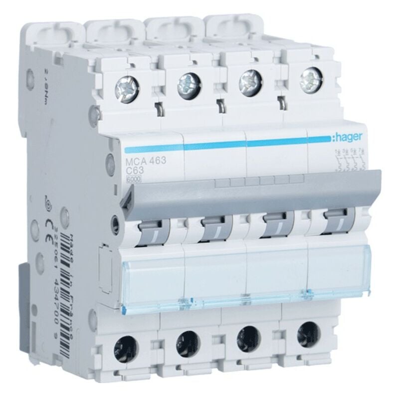 Interrupteur magnétothermique Hager 4P 63A 6 KA C 4 modules MCA463
