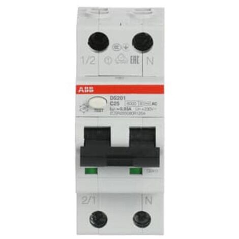 Interrupteur ABB magnétothermique différentiel 1P+N 25A 30mA type AC 6kA 2 modules DS1C25AC30
