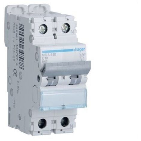 Disjoncteur magnétothermique Hager 1P+N 10A 6KA 2 modules courbe C MCA510