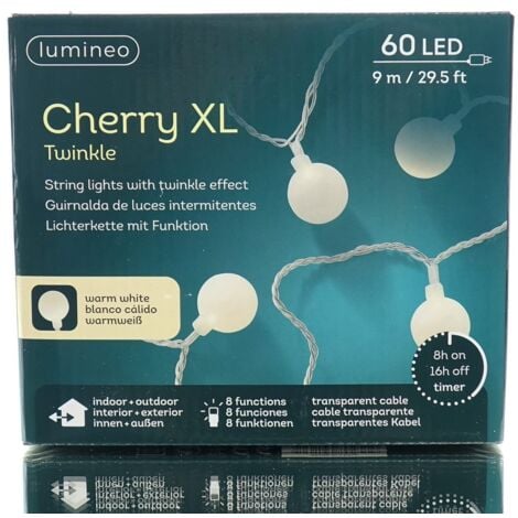 Lumineo LED Lichterkette Cherry Twinkle Warmweiß 8 Funktionen 60 LED 9 ...