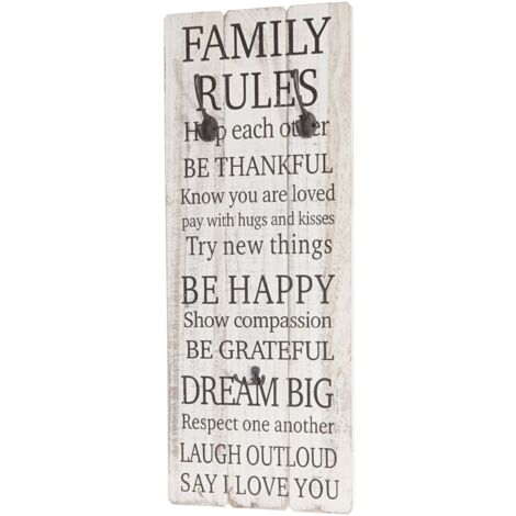 Porte-manteau mural Family Rules panneau d'armoire avec 3 crochets 76x31cm 040003797