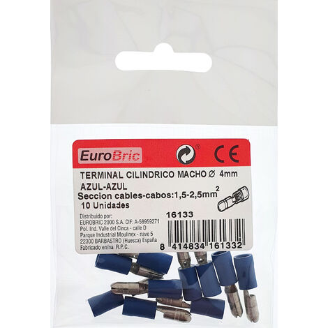 10 Terminales CILINDRICOS MACHO 4mm - 1,5-2,5mm2 AZUL