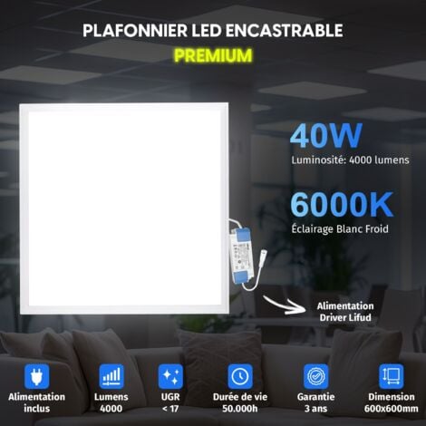 6 Dalles LED 600x600 40W PMMA blanc neutre 4000k - Plusieurs