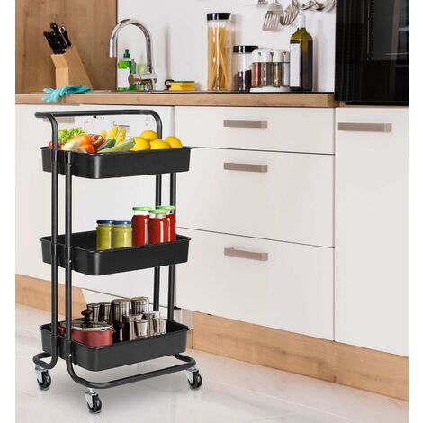 Black - Storage Trolley On Wheels - 3 Tier