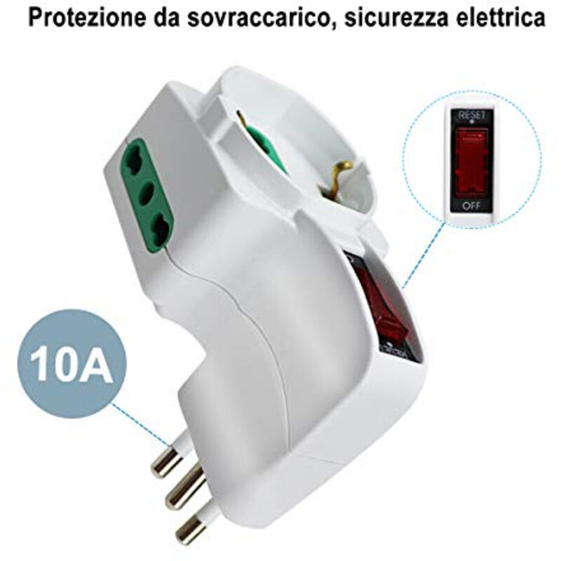 Adattatore Triplo Con Interruttore Spina 10A 2 Prese 10/16A Bipasso + 1 Presa Schuko 250V Bianco ...