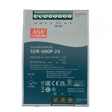 MW MEAN WELL SDR-480P-24 Alimentatore DIN RAIL 480W 24V 20A Per ...