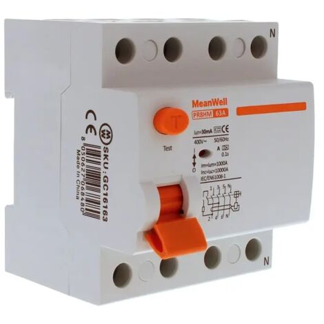 MeanWell RCCB Interruttore Differenziale Puro Tipo A 3P+N 4M 10000A 30mA 63A AC 400V IP20 ...